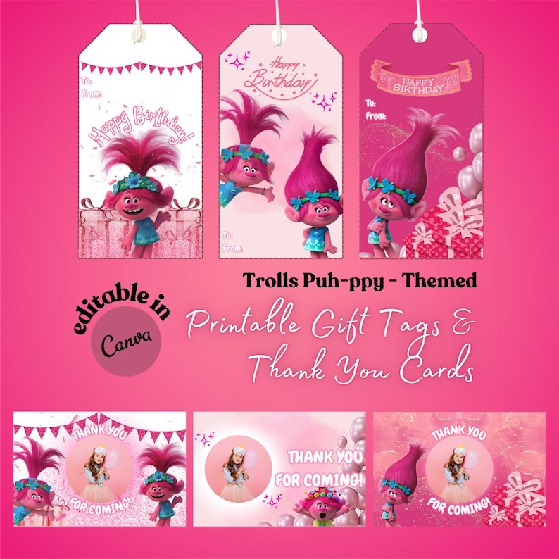 Trolls Pop-py Gift Tags, Printable Thank You Card, Party Favors ...