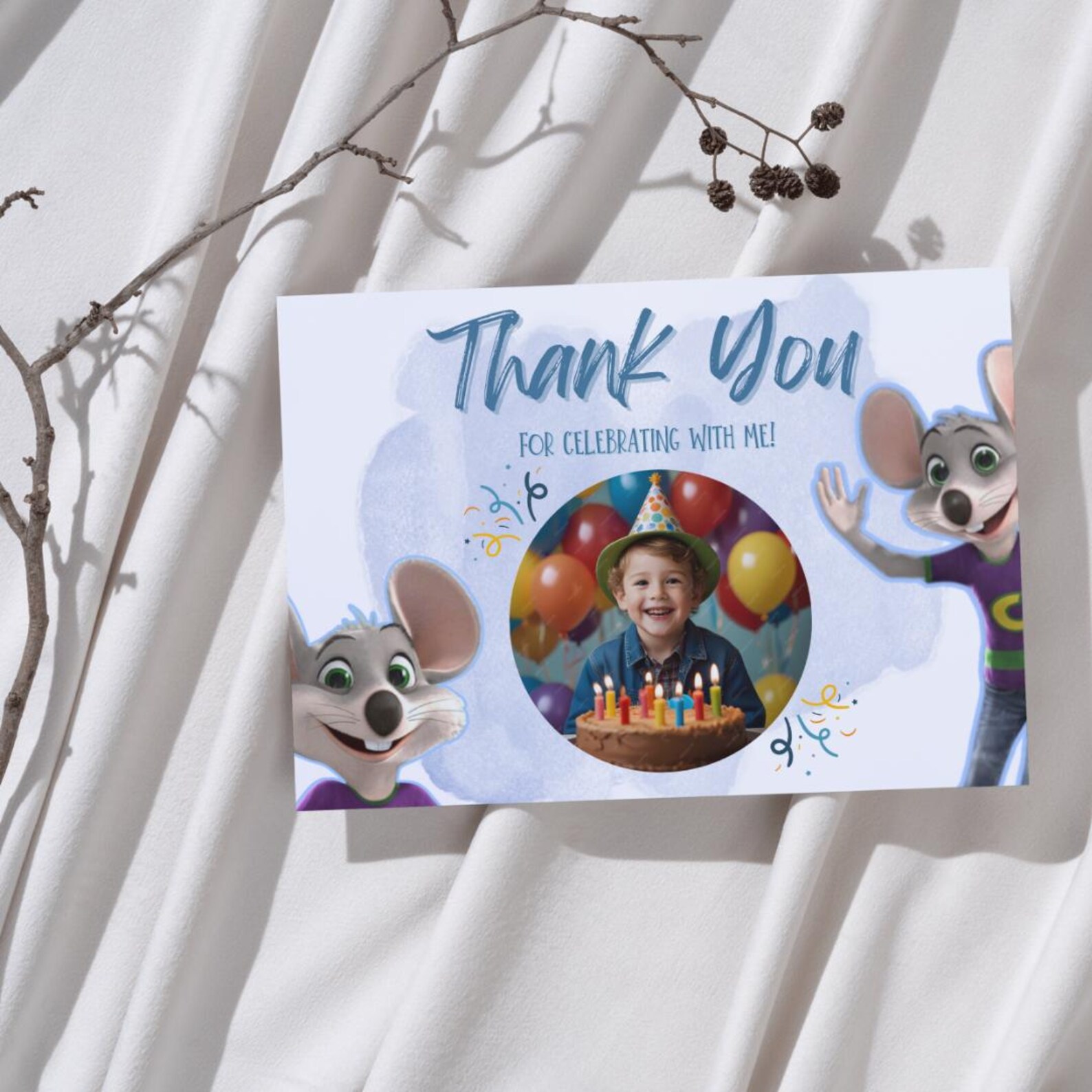 Chuck E Cheese Party Gift Tags, Printable Thank You Card, Birthday Card ...