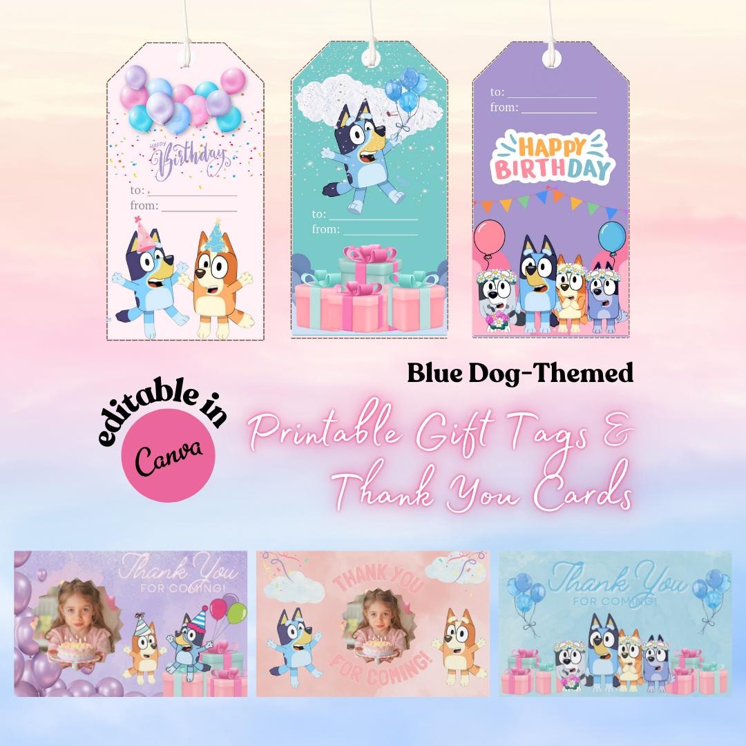 Blu-ey Gift Tags, Printable Blu-ey Thank You Card DFY, Blue Dog Party ...