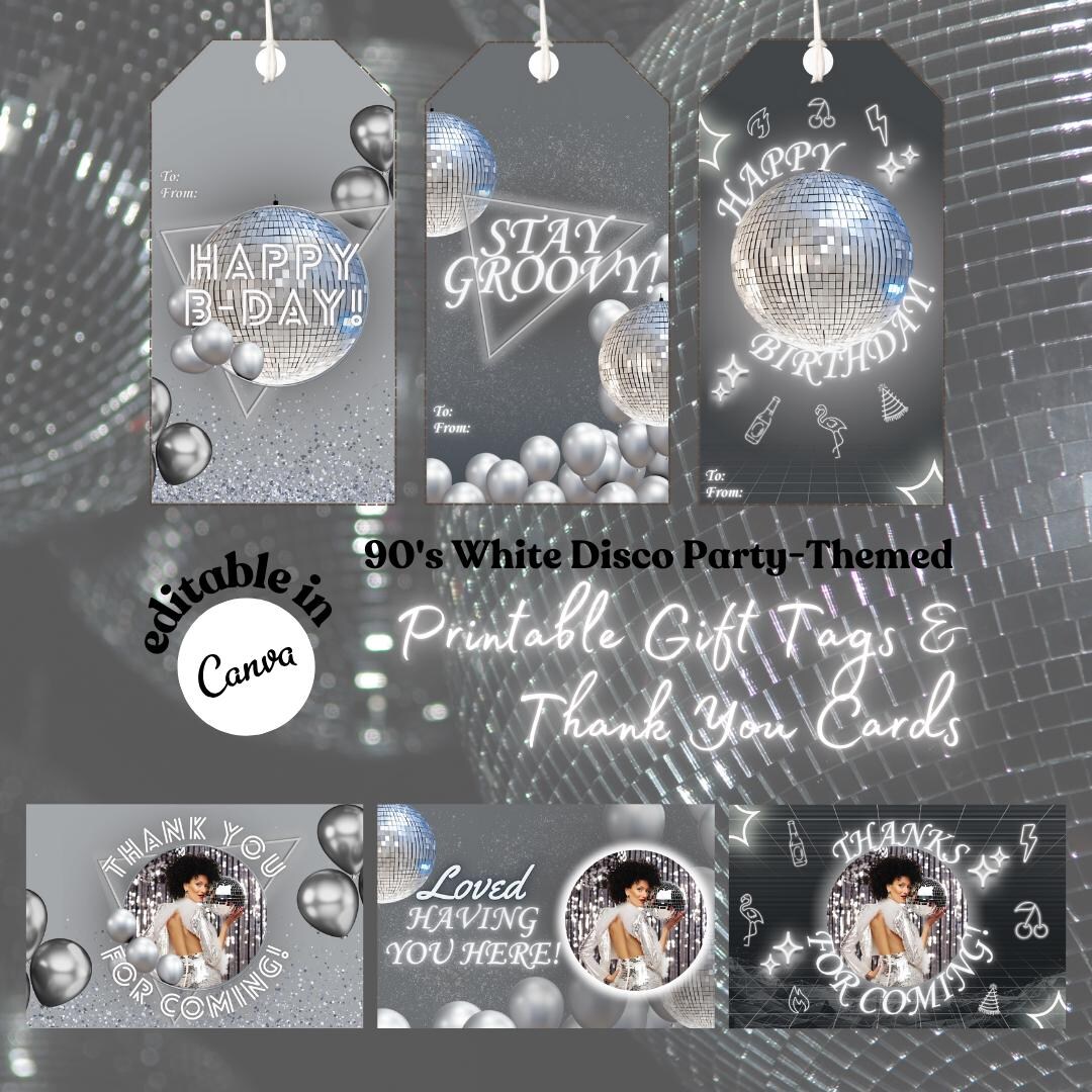 90s Birthday Gift Tags, Printable Disco Thank You Card, 90s Party ...
