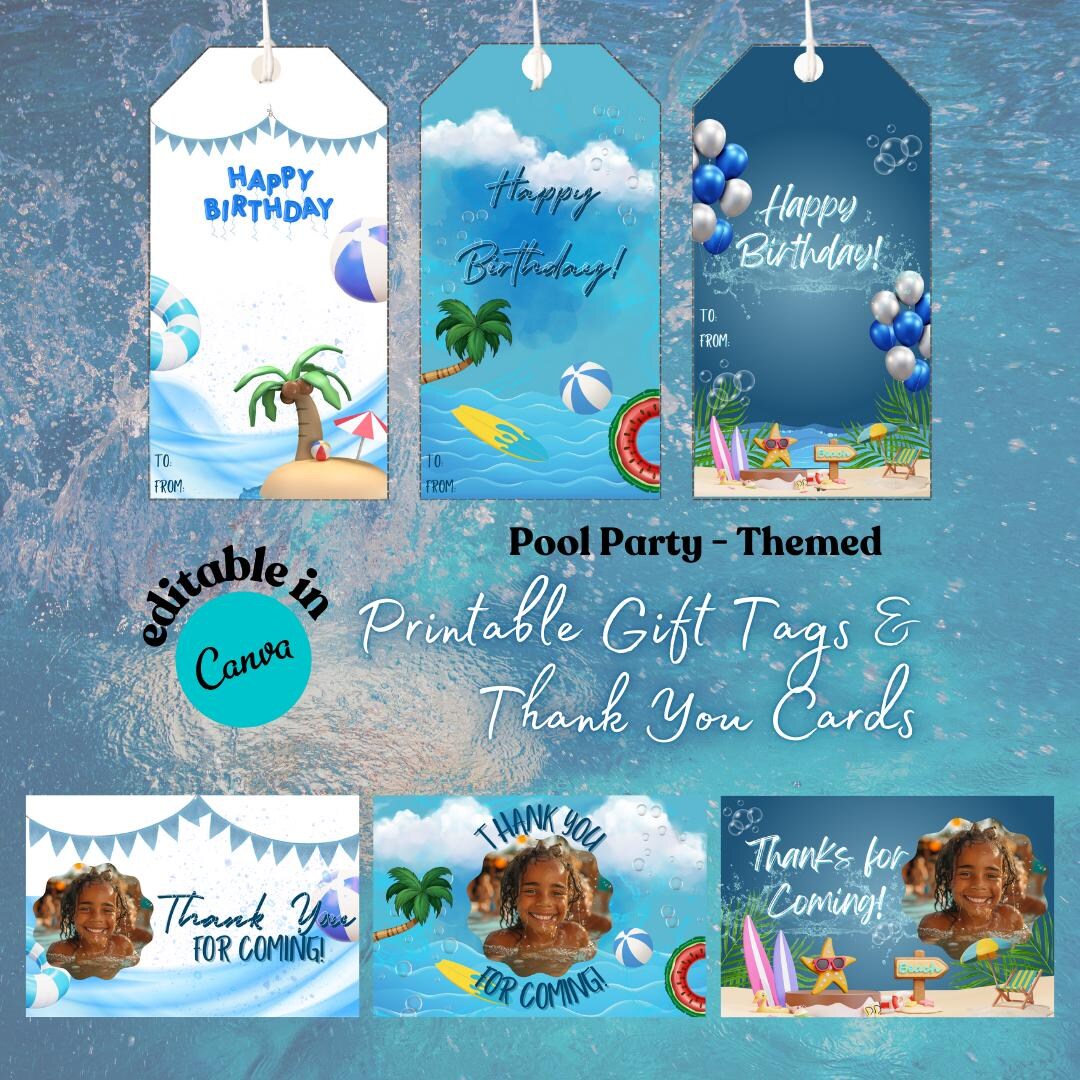 Summer Party Gift Tags, Printable Thank You Card, Birthday Card ...