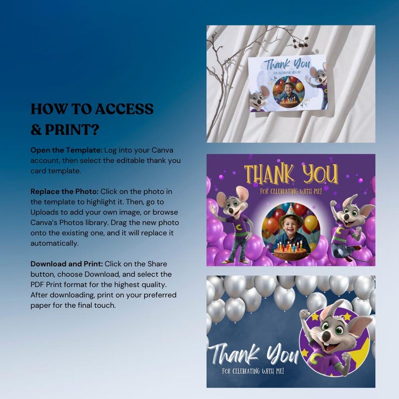 Chuck E Cheese Party Gift Tags, Printable Thank You Card, Birthday Card ...
