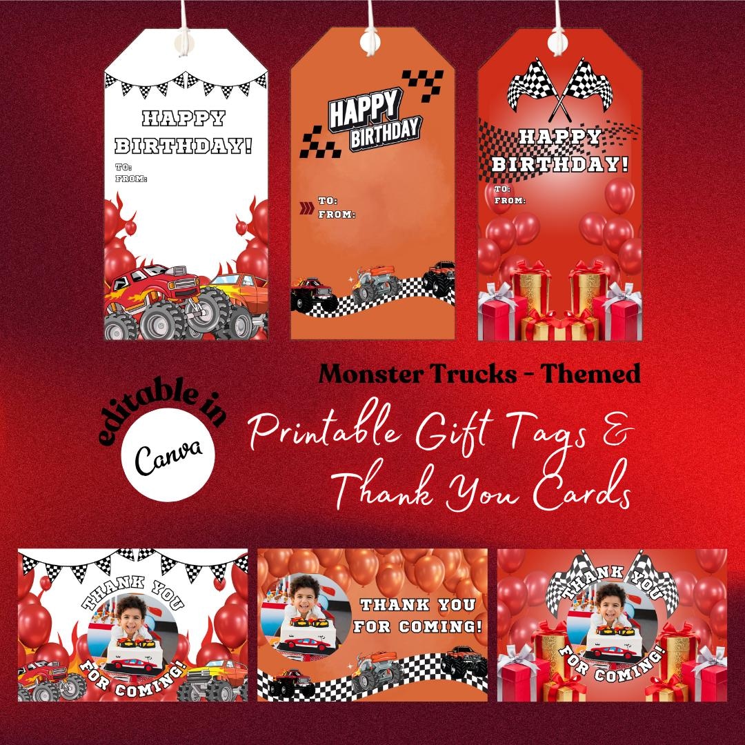 Monster Truck Gift Tags, Printable Thank You Cards, Birthday Cards ...
