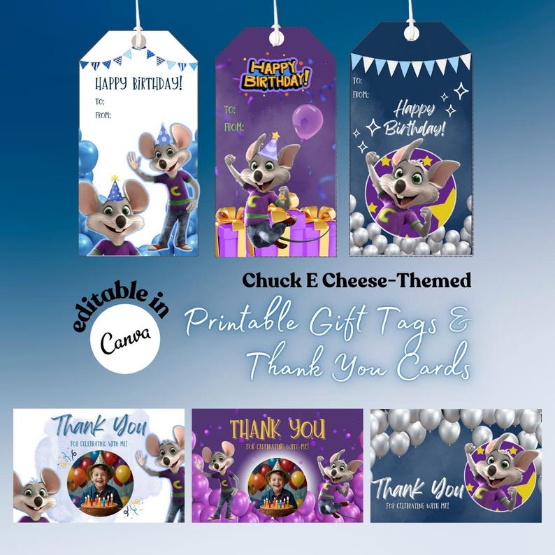 Chuck E Cheese Party Gift Tags, Printable Thank You Card, Birthday Card ...