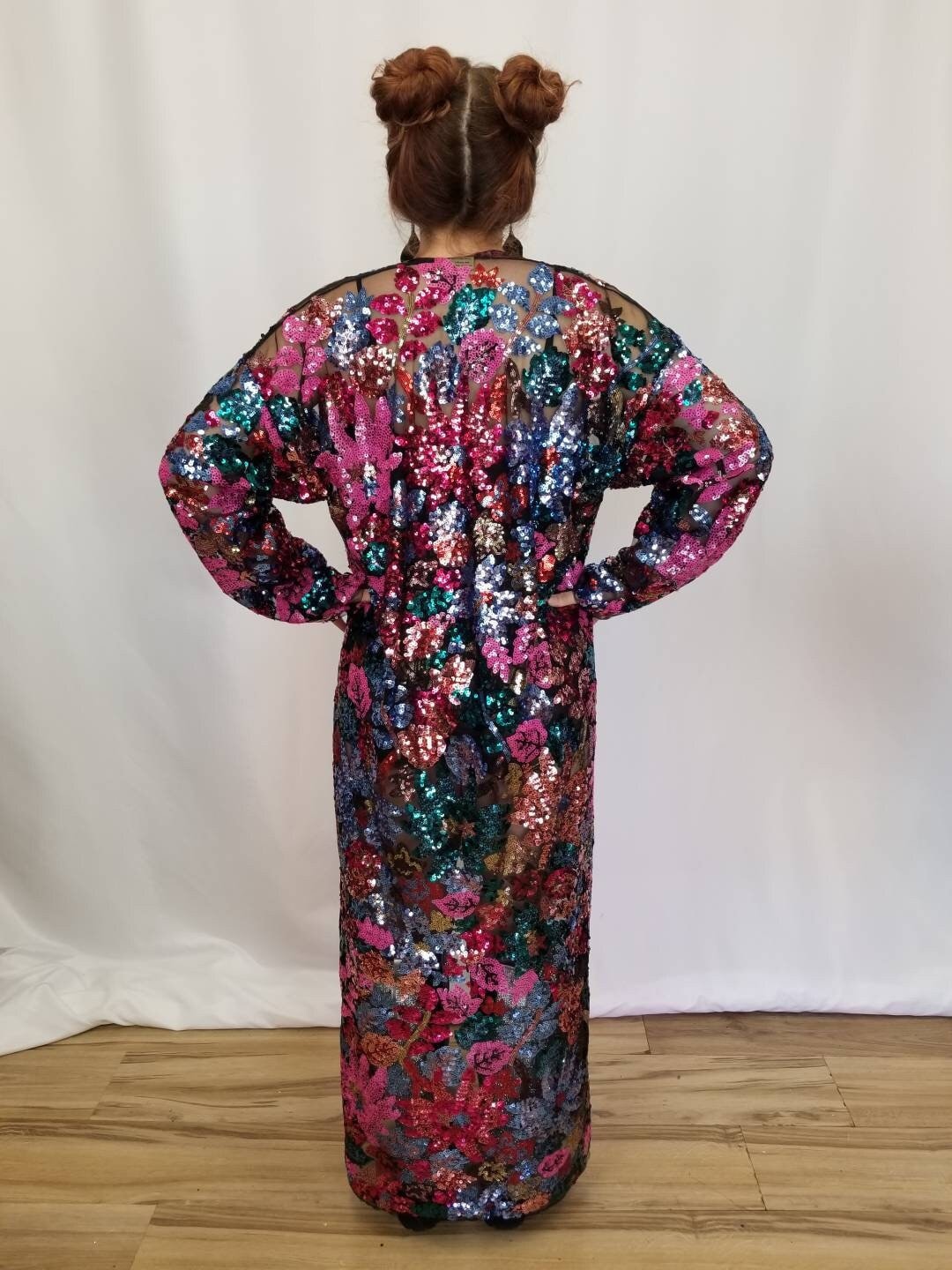 Floral Sequin Duster / Long Sheer Coat / Sequin Robe / Flower Sequin ...