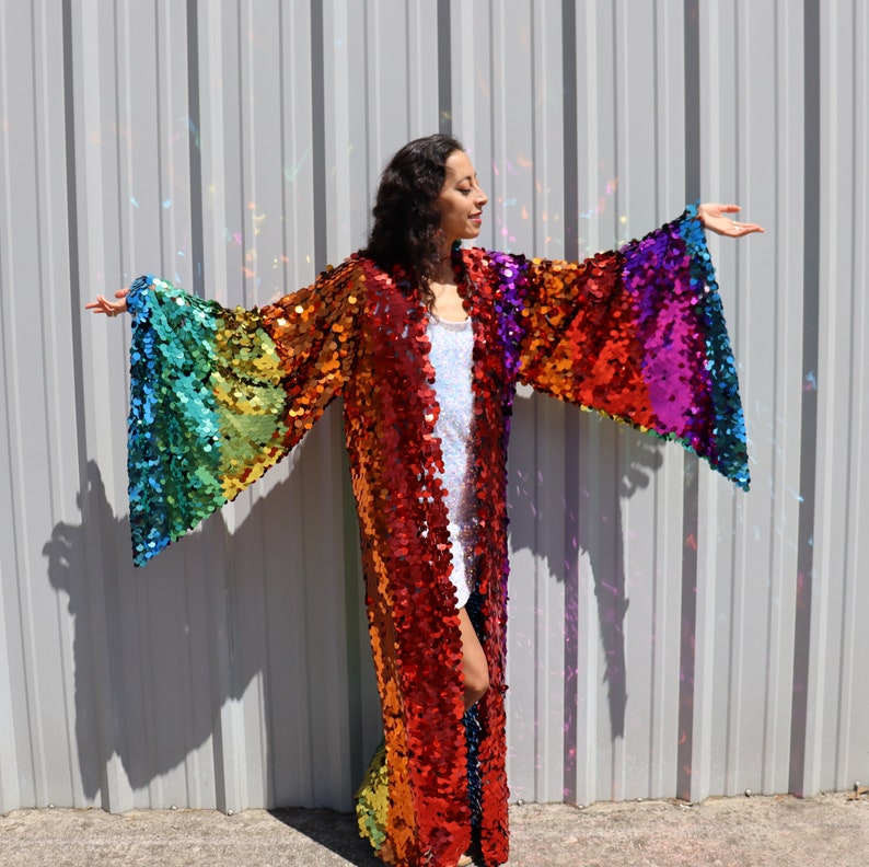 Rainbow Pride Sequin Bell Sleeve Kimono Inspired Festival Robe - Etsy UK