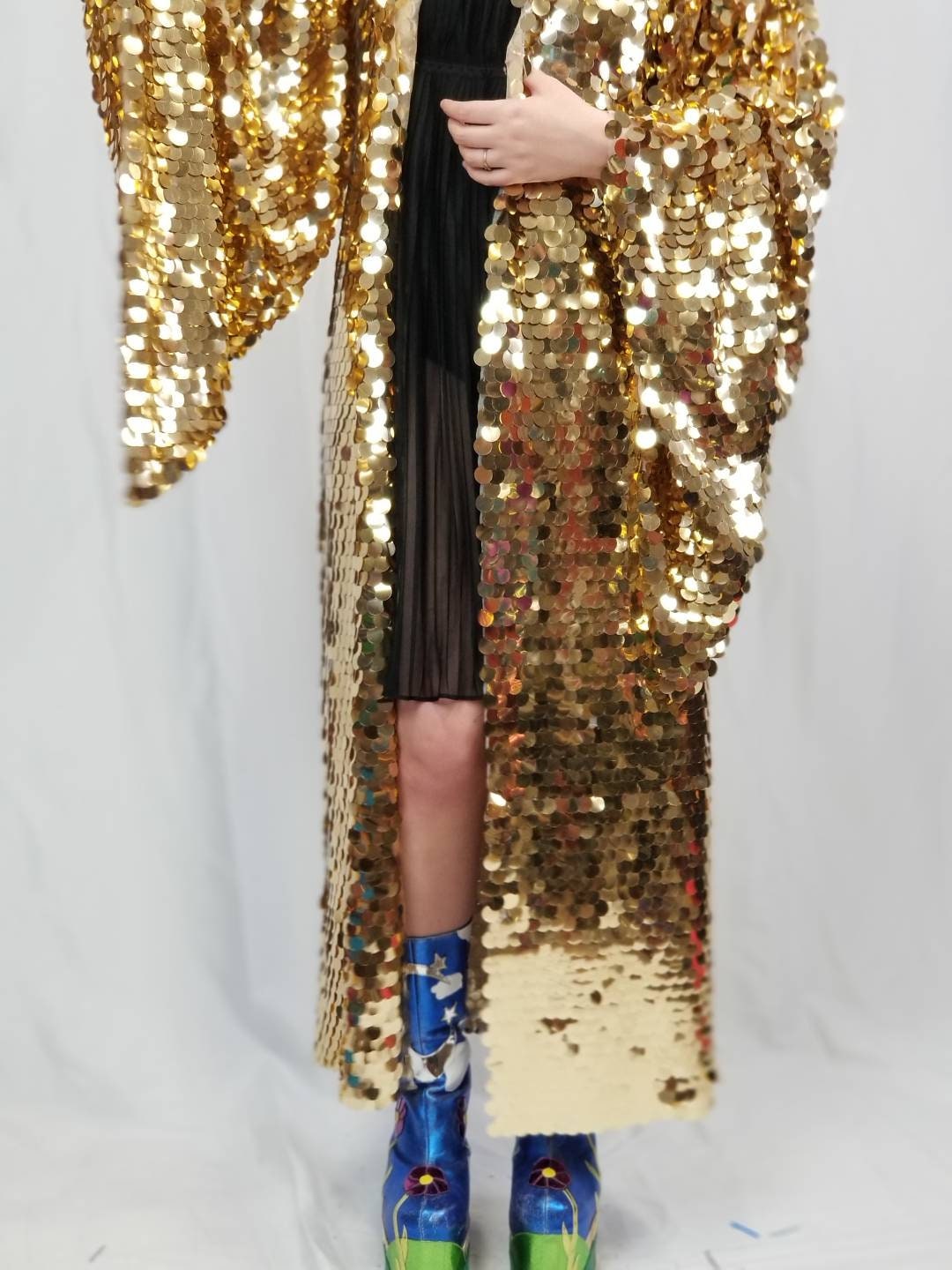 Hooded Gold Sequin Kimono | Maxi Length Bell Sleeve Rave Robe - Etsy