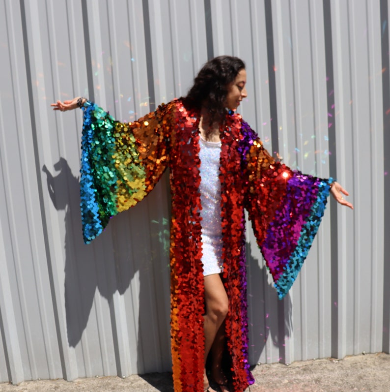 Rainbow Pride Sequin Bell Sleeve Kimono Inspired Festival Robe - Etsy