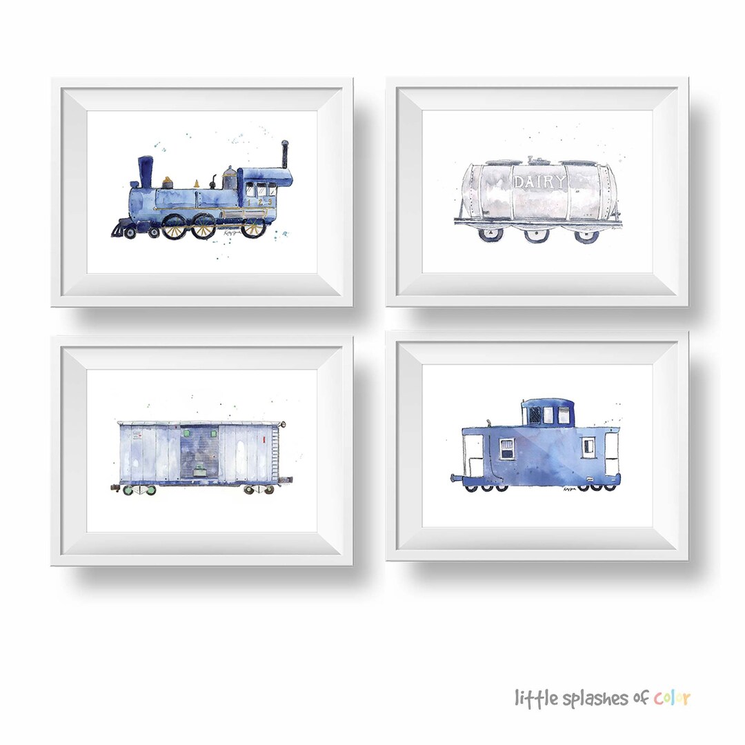 Navy Blue Train Prints for Baby Nursery or Toddler Boys Room, Set of 4 ...