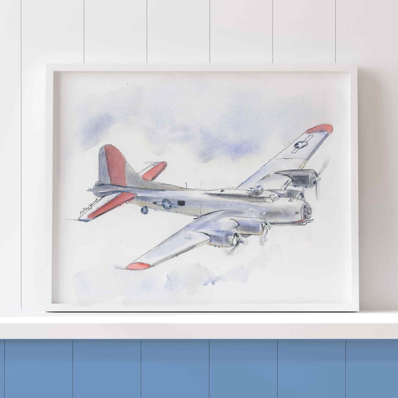 B17 Flying Fortress Print: Vintage Watercolor Airplane Wall Art - Etsy