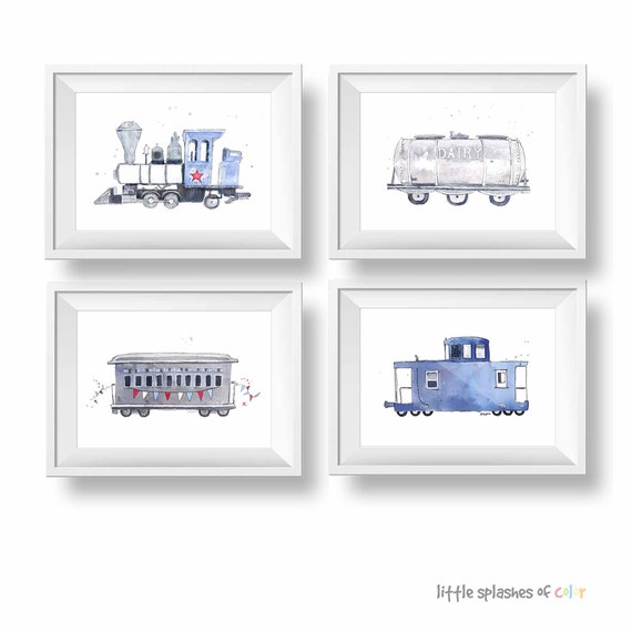 Light Blue Train Prints Set of 4 Train Wall Art Prints - Etsy
