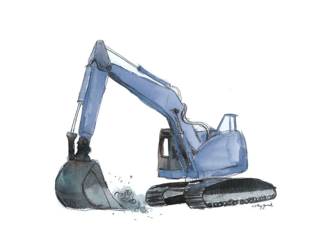 Blue Gray Excavator Truck Print, Construction Wall Art, Toddler Boys ...