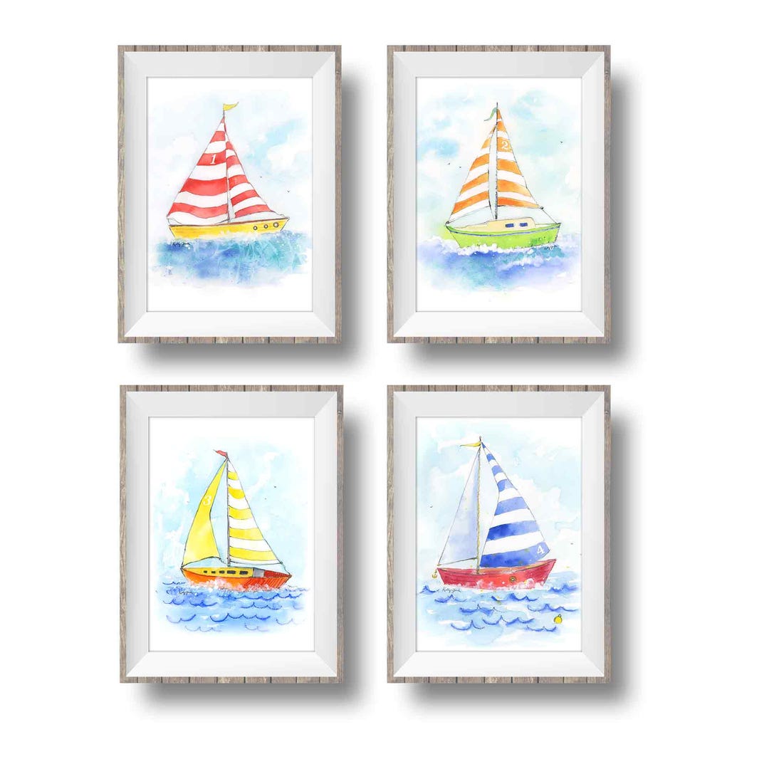 Set of 4 Sailboat Prints, Nautical Decor for Nursery, Baby and Toddlers ...