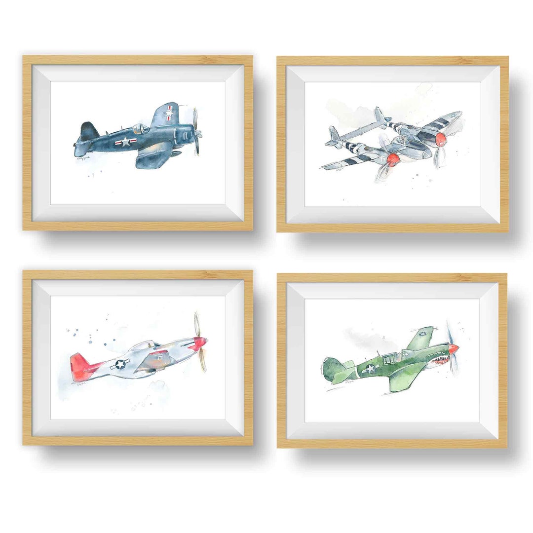 Set of 4 WWII Military Airplane Prints for Boys Room, Kids Wall Decor ...