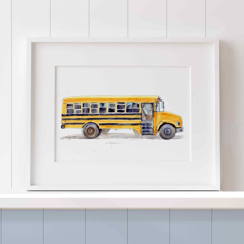 Yellow School Bus Watercolor Print: Transportation Nursery Art (digital ...