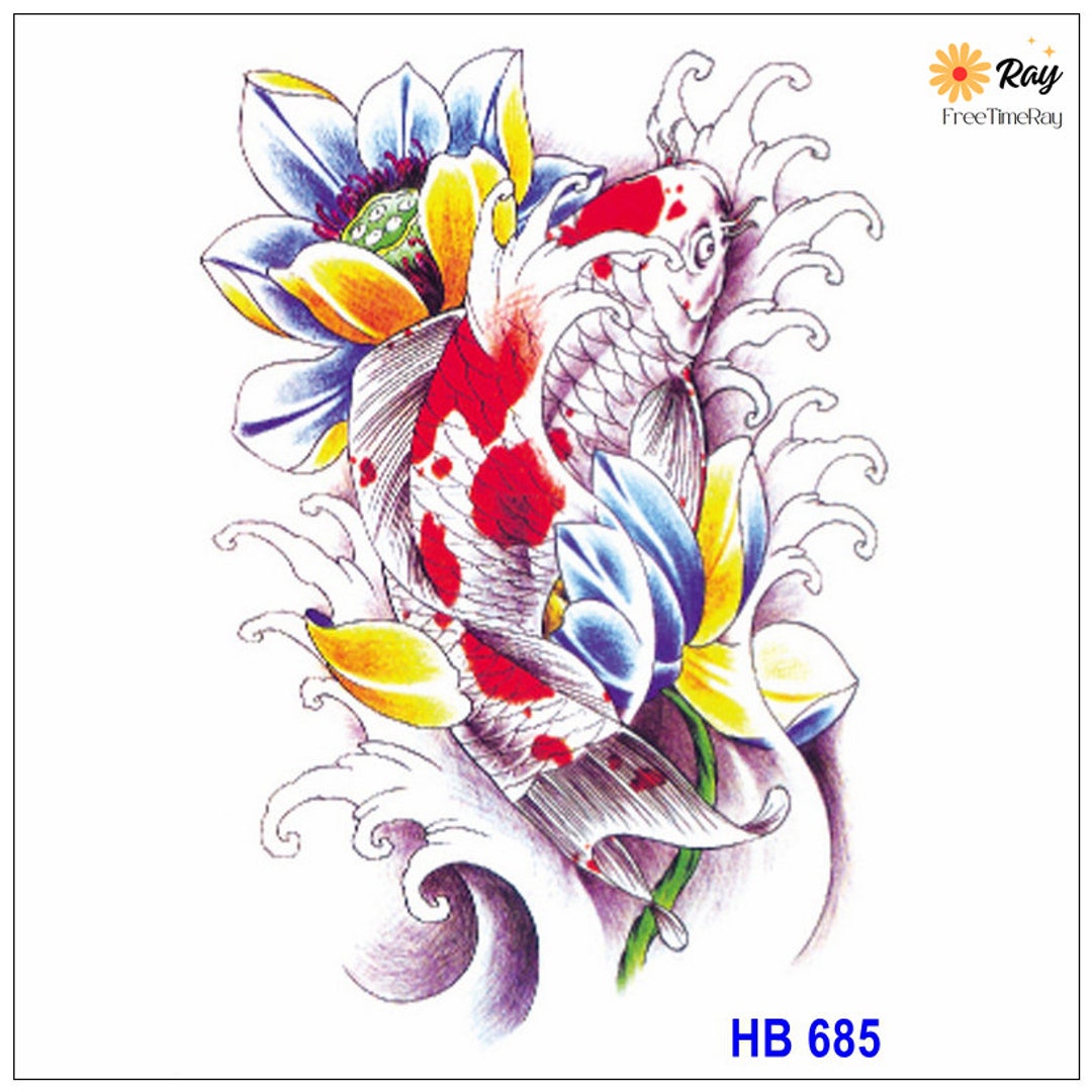 Koi Fish Waves Lotus Flowers Swimming Upstream Tattoos Nelumbo Nucifera ...