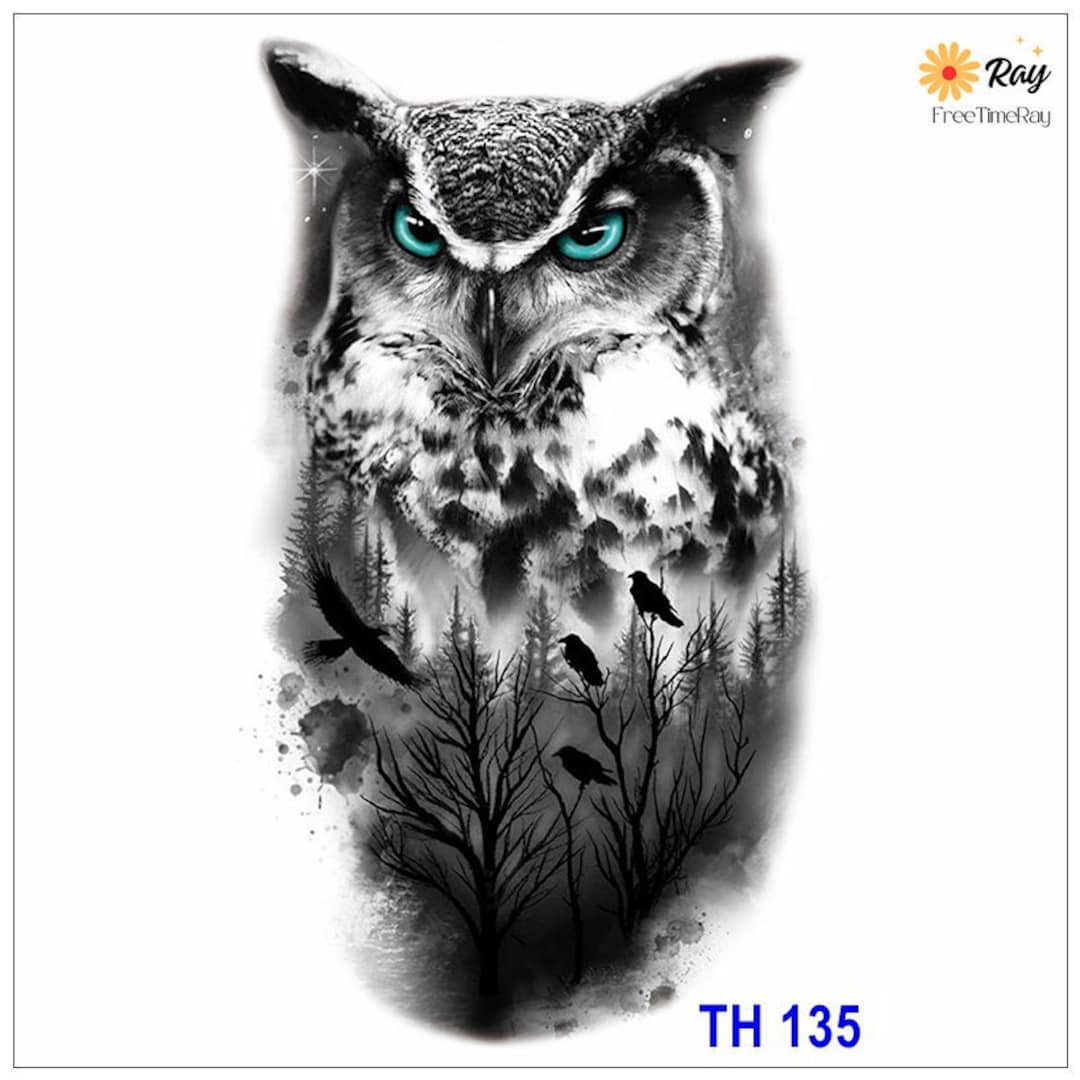Cyan Eyed Owl Body Tattoos Flying Eagle Owl in Dark Forest Black Birds ...