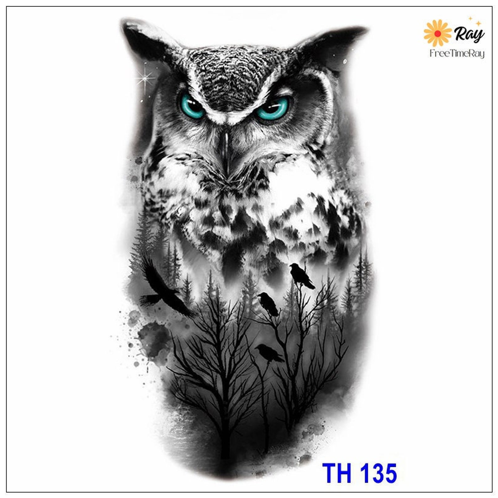 Cyan Eyed Owl Body Tattoos Flying Eagle Owl in Dark Forest Black Birds ...