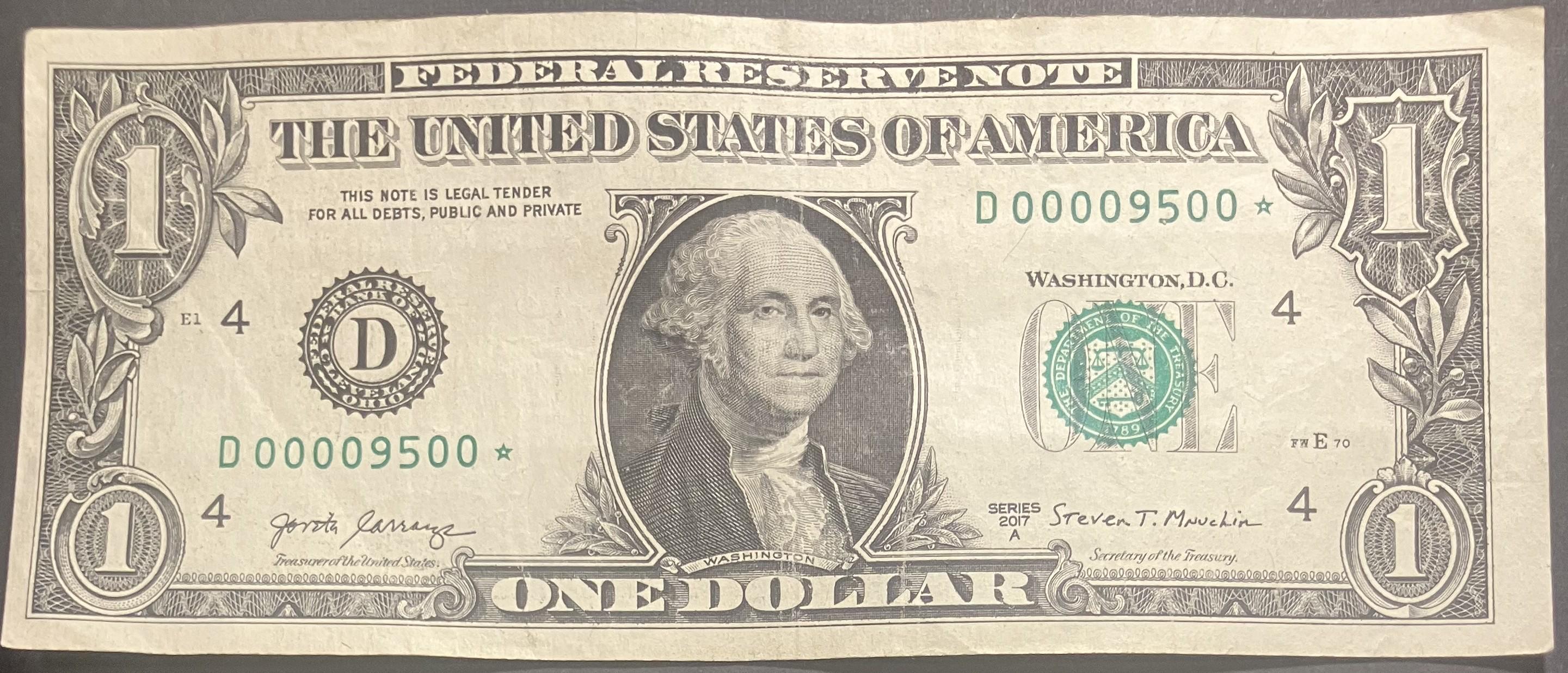 U.S. One Dollar Bill Paper Currency Serial # D00009500* Which is a Star ...