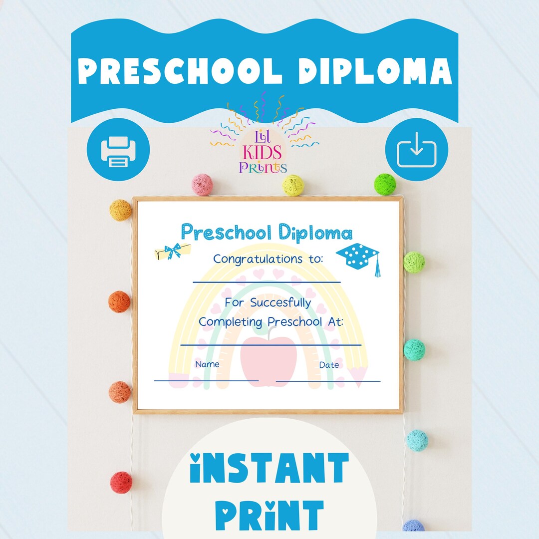 Hand-fillable Digital Preschool Diploma. Instant Printing. Daycare ...