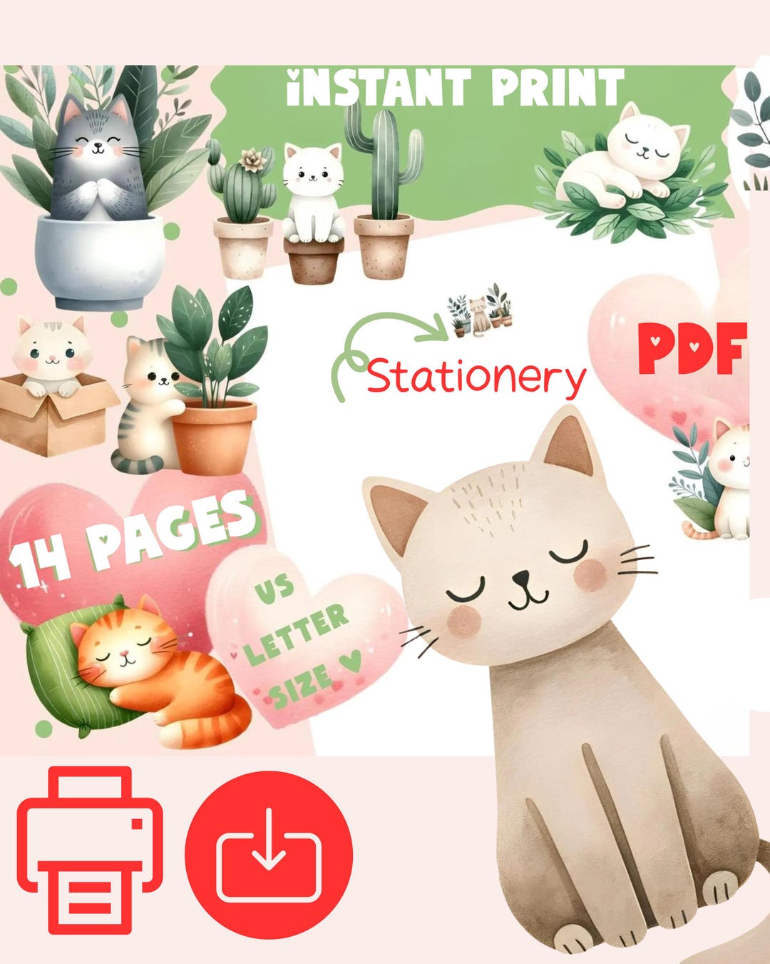 Kitten Stationary Printable Set. Digital Writing Unlined Paper. Letter ...