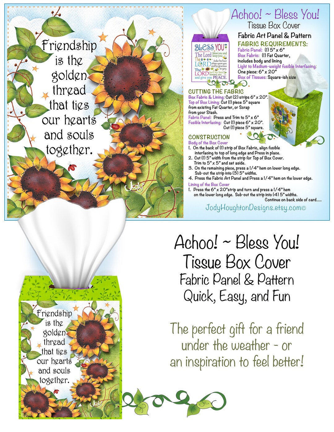 Friendship Sunflower - Tissue Box Cover Panel & Pattern - Etsy