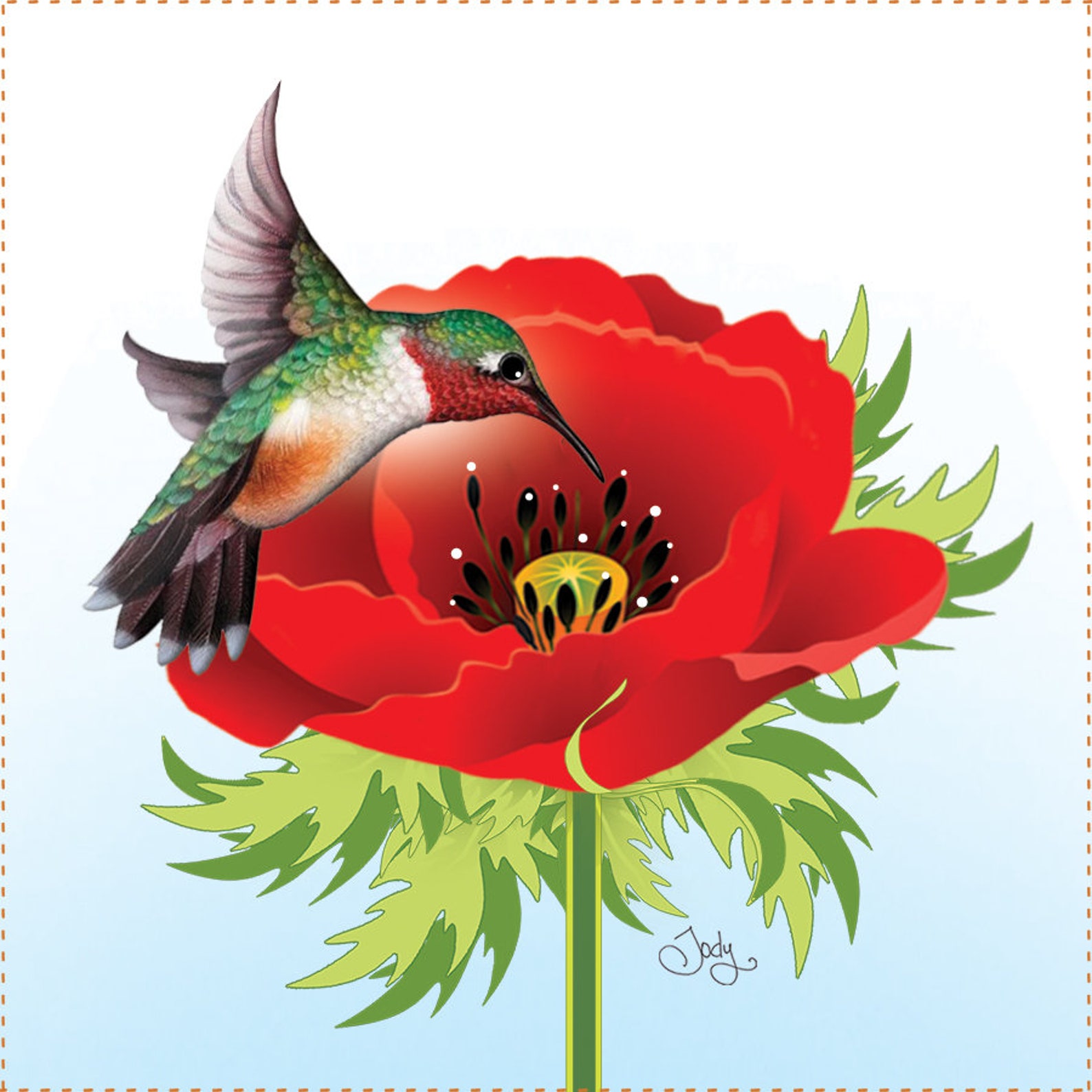 Hummingbird and Poppy 6" Fabric Art Panel and More-ap61 - Etsy