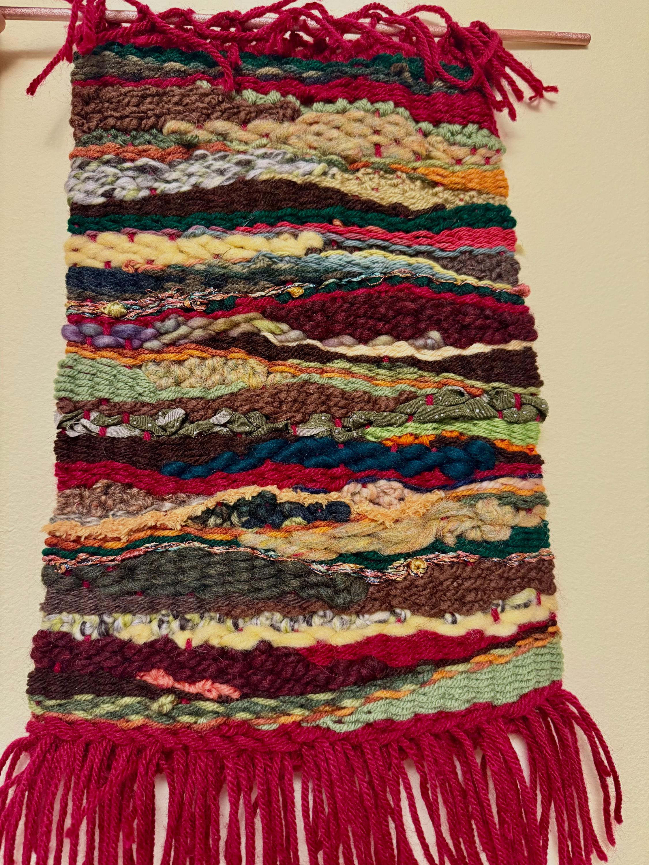 Woven Wall Hanging Tapestry Weaving Fiber Art 15 X 8 Red Green Sparkle ...