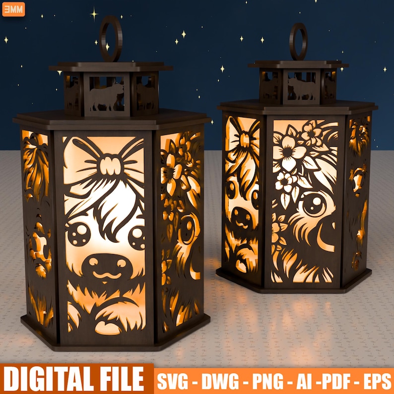 3D Highland Cow Lantern SVG File | Floral Farmhouse Laser Cut Decor - Etsy