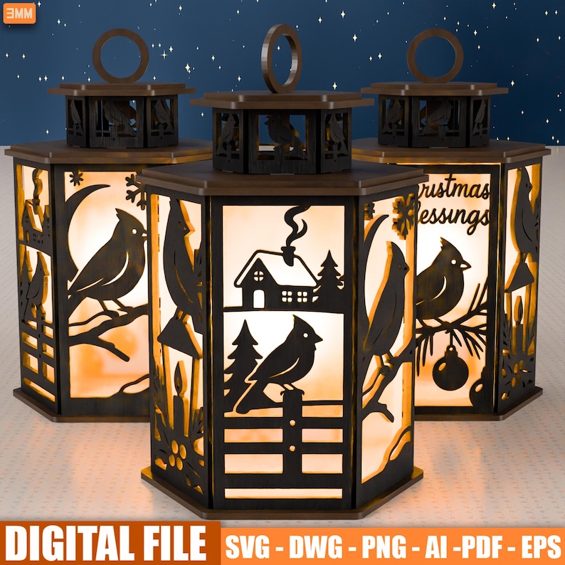 3D Layered Cardinal Lantern SVG DXF | Winter Bird Cabin Scene Light Box ...