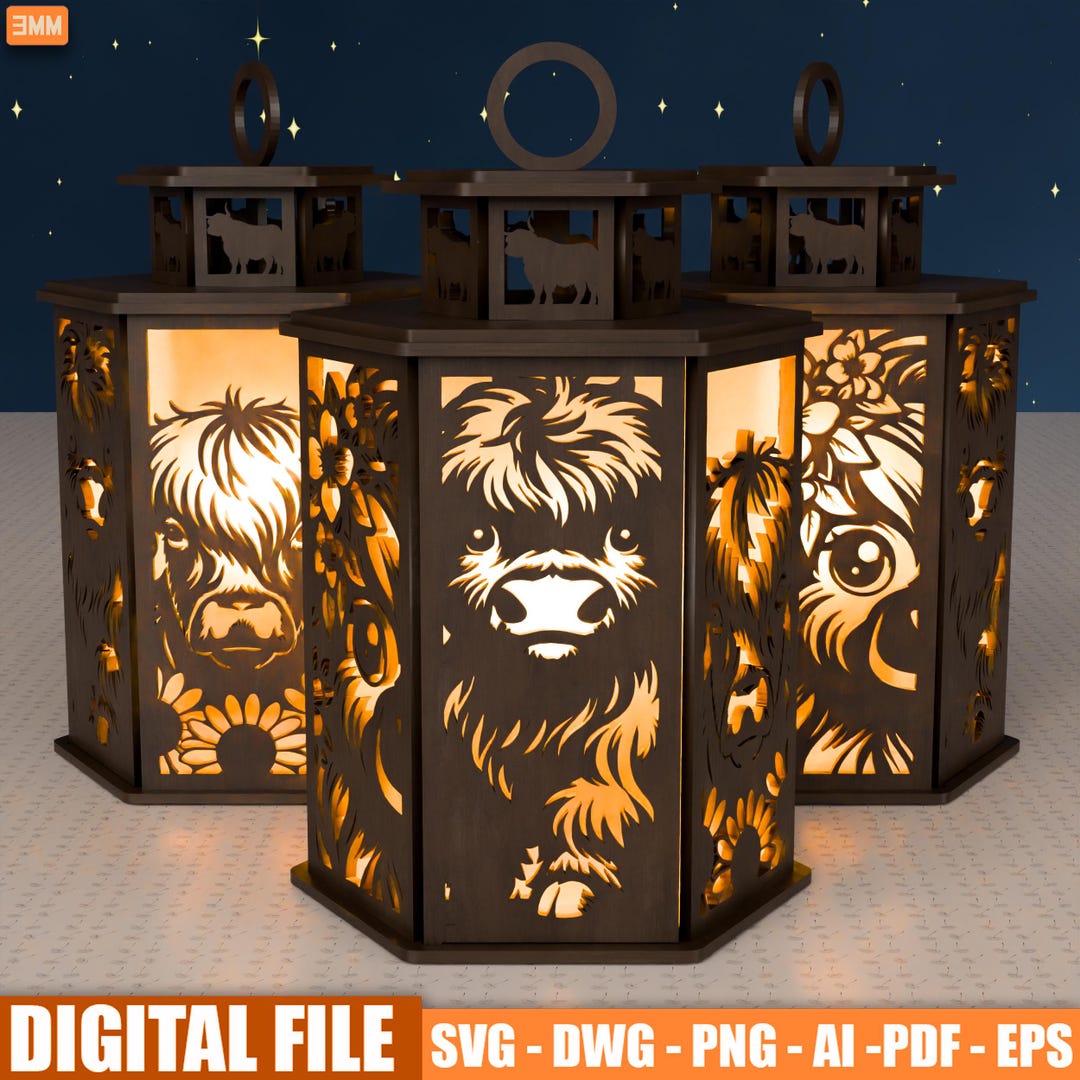 3D Highland Cow Lantern SVG File | Floral Farmhouse Laser Cut Decor - Etsy
