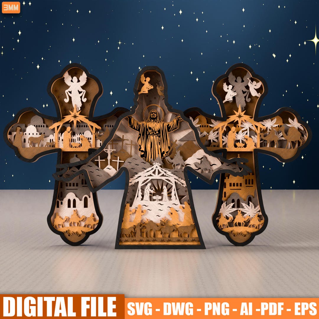 3D Layered Nativity Triptych Sign SVG DXF File | Jesus Manger Cross ...