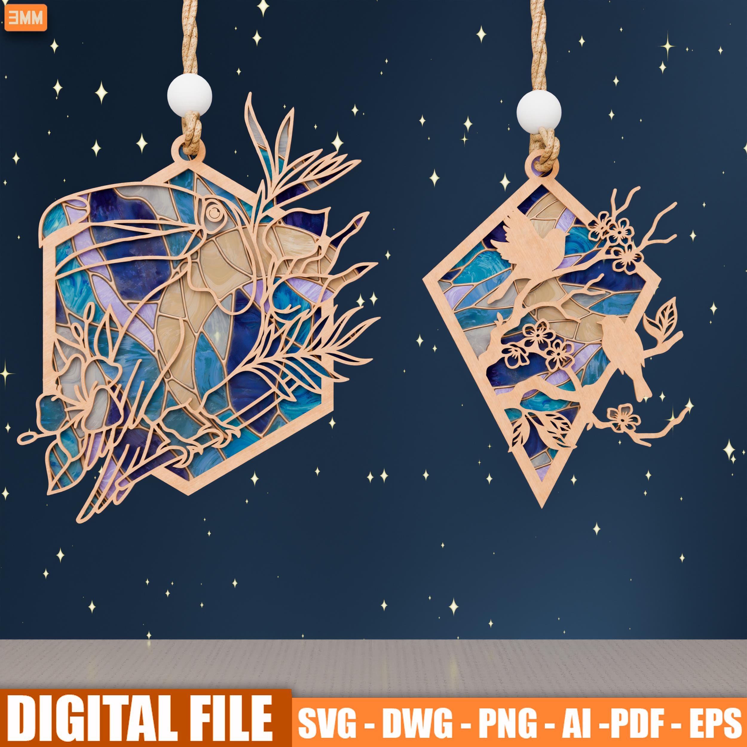 3D Layered Bird Ornament Laser Cut File | Faux Stained Glass Sun ...