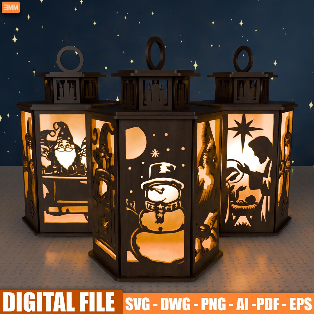 3D Christmas Lantern Laser Cut File SVG DXF, Nativity Snowman Gnome ...