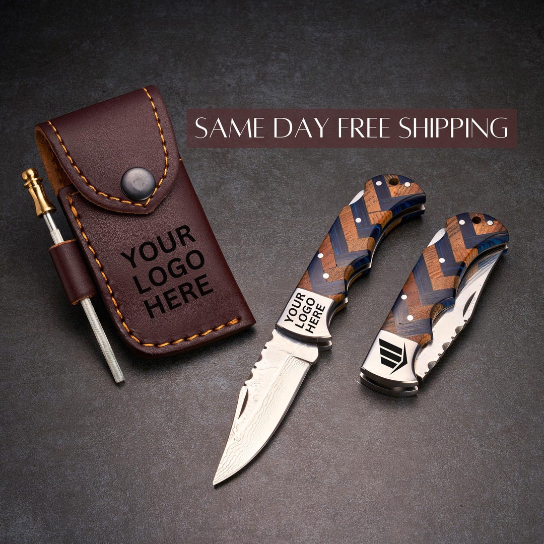 Your Logo Here Engraved Knife, Handmade Damascus Folding Knives ...