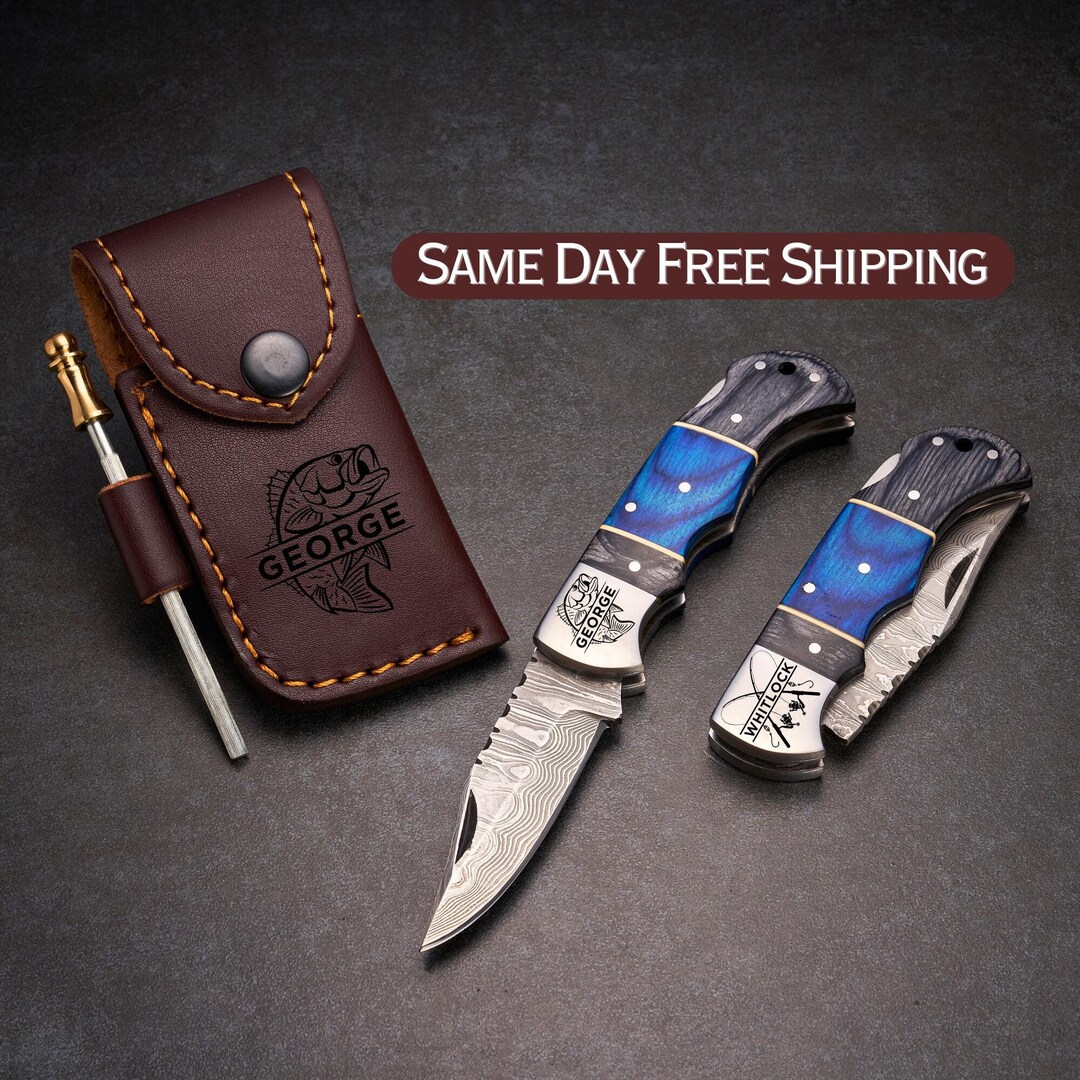 Fishing Pocket Knife, Handmade Damascus Knives, Fishing Gift for Dad ...