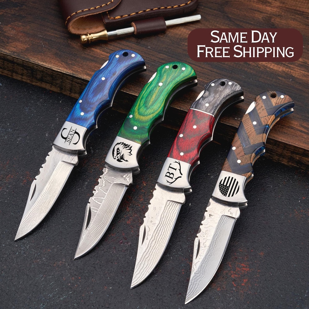 Engraved Pocket Knife, Personalized Gifts for Men, Handmade Damascus ...