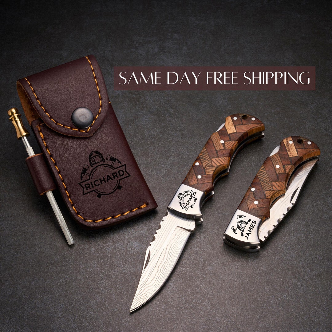 Personalized Firefighter Knife, Pocket Knife, Handmade Damascus Knives ...