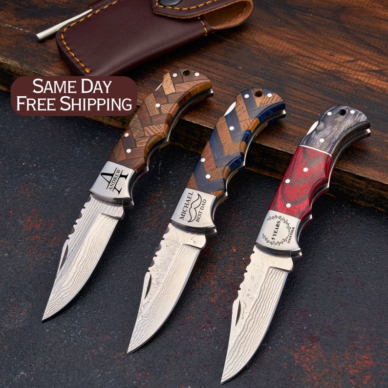 Handmade Custom Damascus Knife, Birthday Gift Pocket Knife, Groomsmen ...