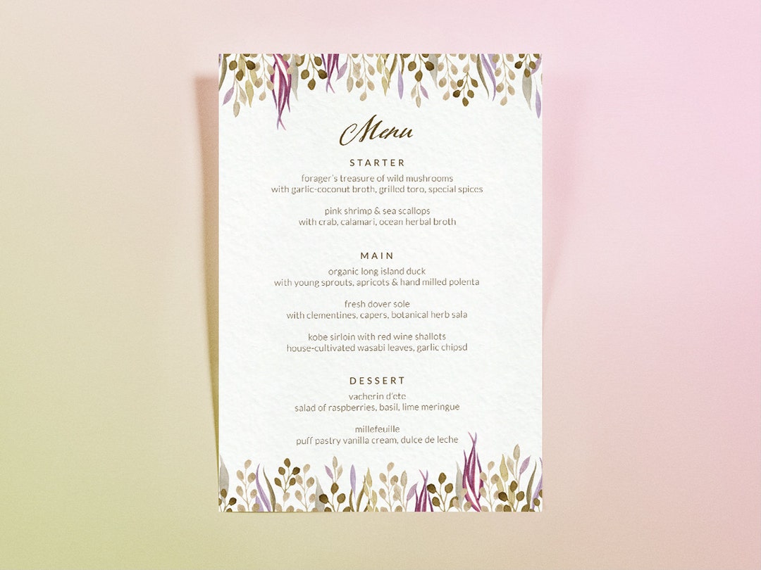 Sepia Foliage Watercolor Wedding Menu - Custom DIY Instant Download PDF ...
