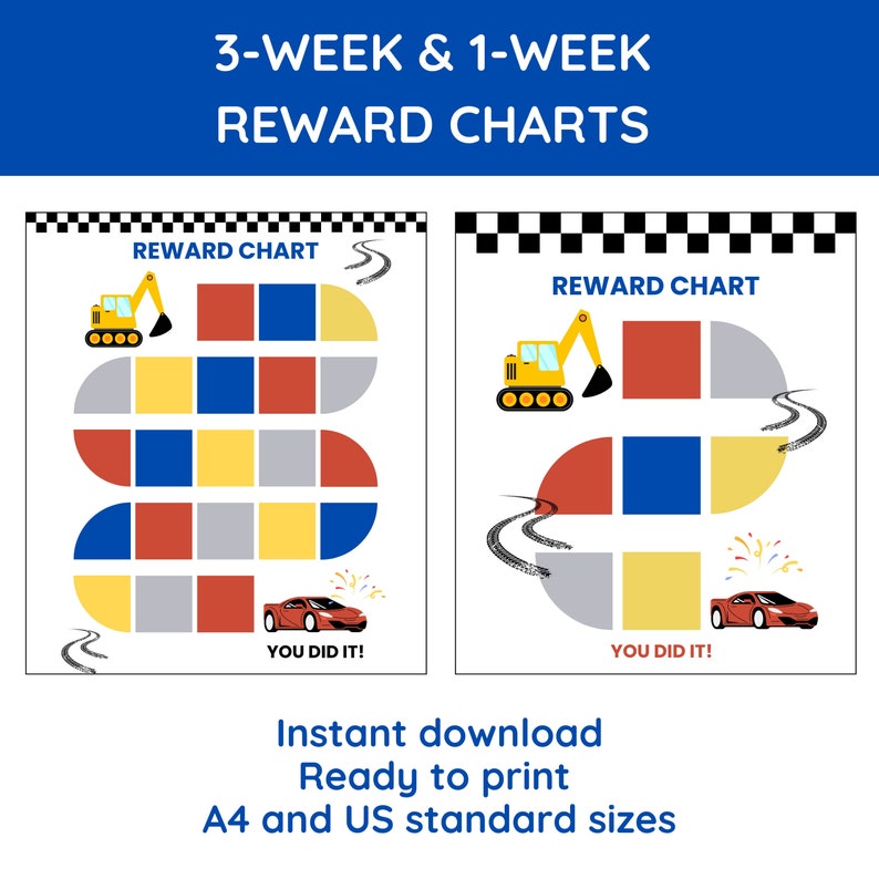 Vehicles Printable Reward Chart for Kids, Toddlers Digger and Race Car ...