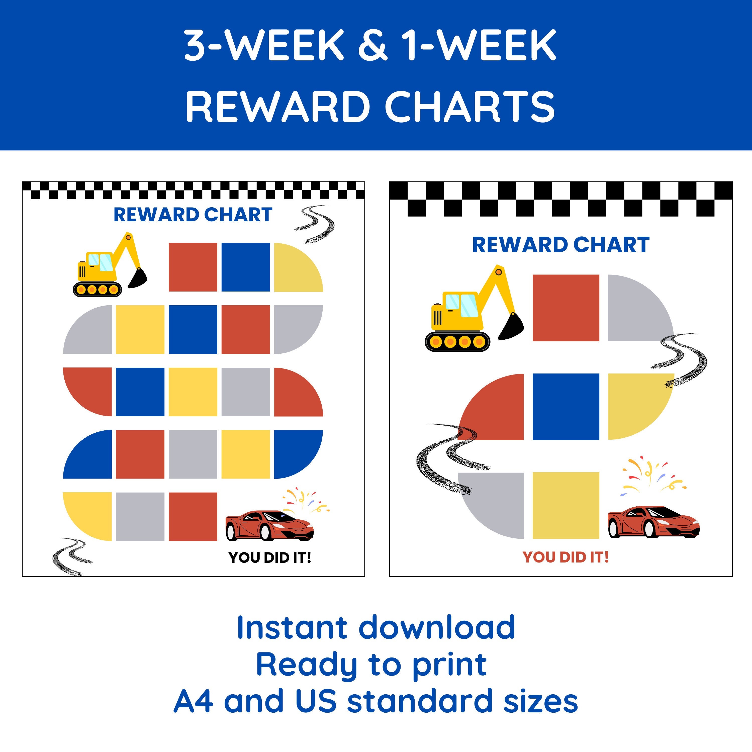 Vehicles Printable Reward Chart for Kids, Toddlers Digger and Race Car ...