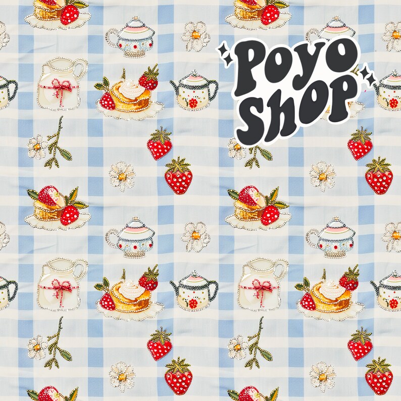 3d Embroidery Strawberry Picnic Digital Download Blue Gingham 2d Fabric ...