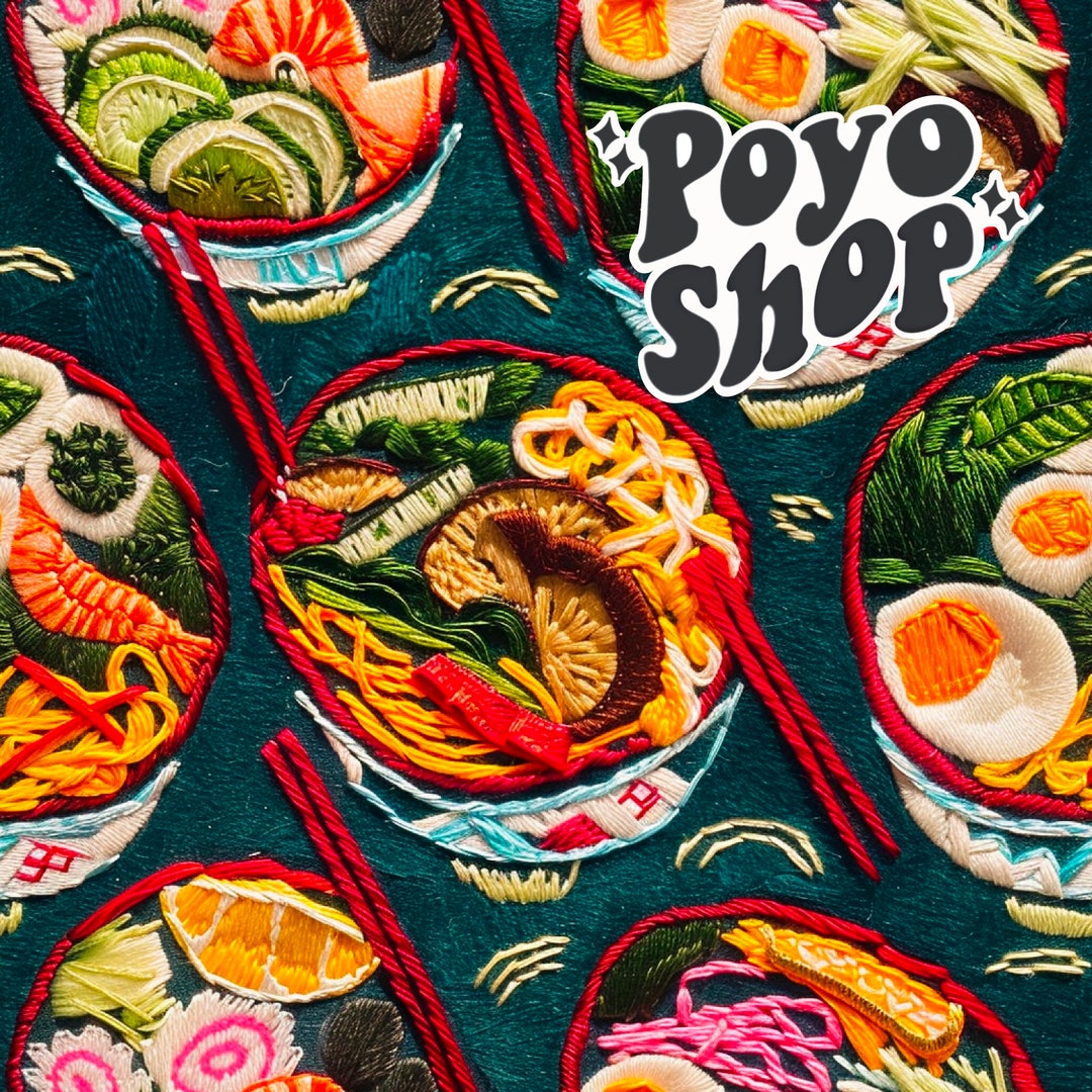 3D Embroidered Ramen Ramyeon Noodle Bowls Seamless Pattern Digital ...