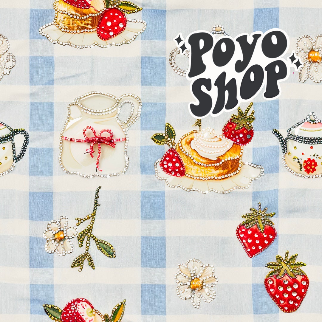 3d Embroidery Strawberry Picnic Digital Download Blue Gingham 2d Fabric ...