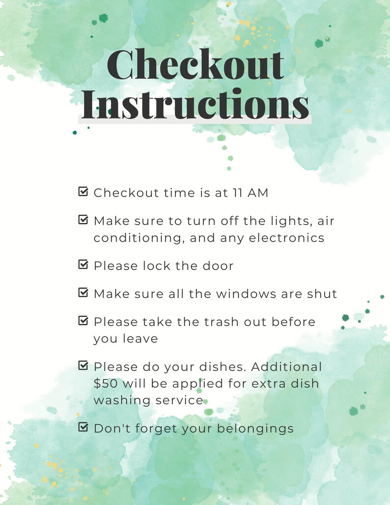 Editable Airbnb Check-in Check-out Instructions, Teal Green Vintage ...