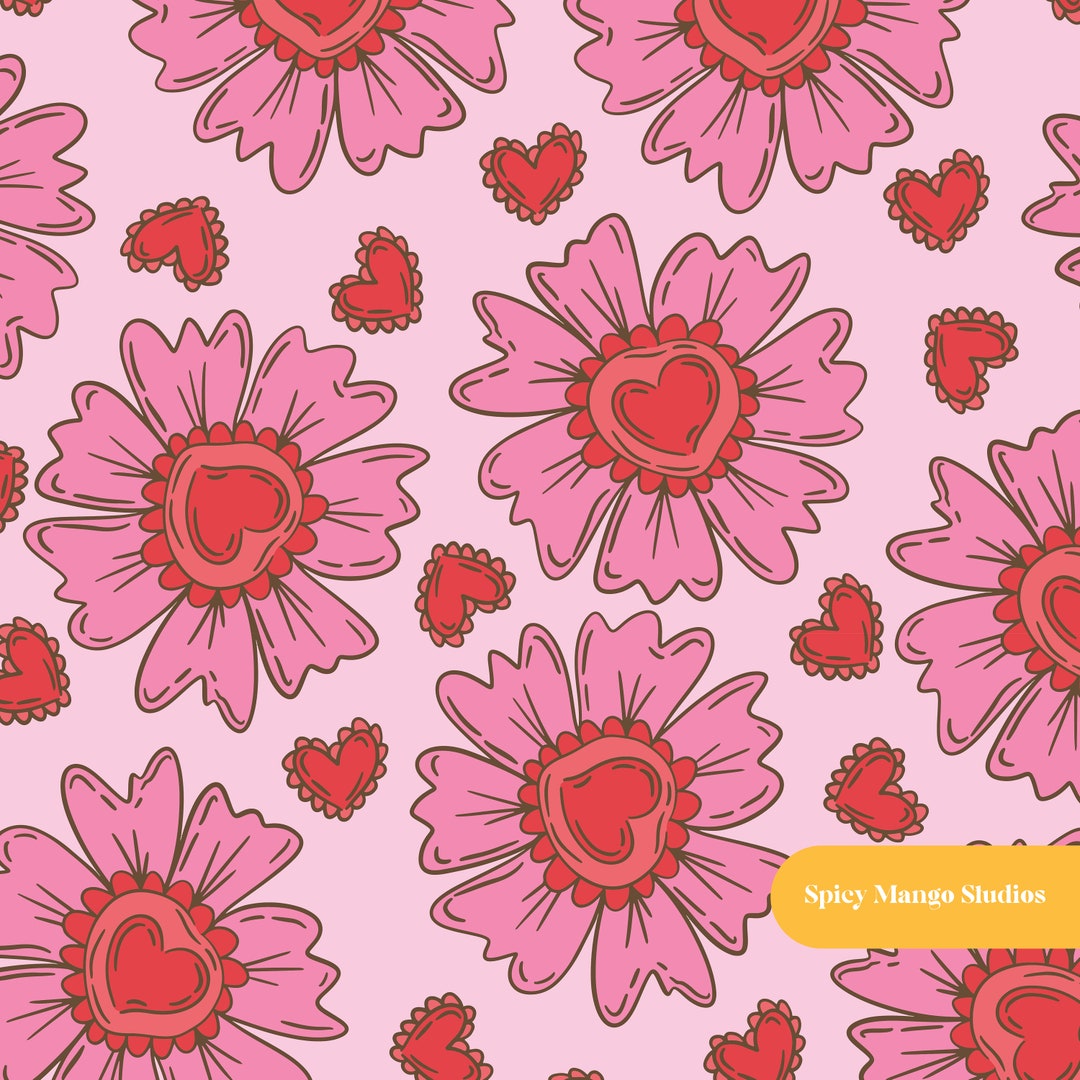 Heart Love Floral Valentine's Seamless Pattern in Pink - Etsy