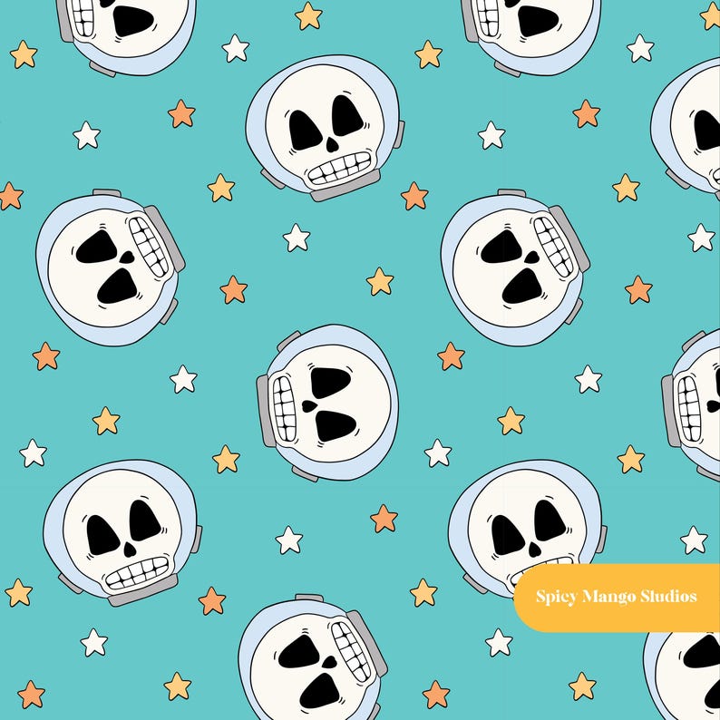 Astro Skulls Halloween Seamless Pattern in Aqua - Etsy