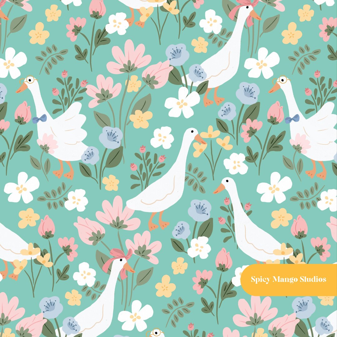 Cute Goose Floral Seamless Pattern in Green - Etsy