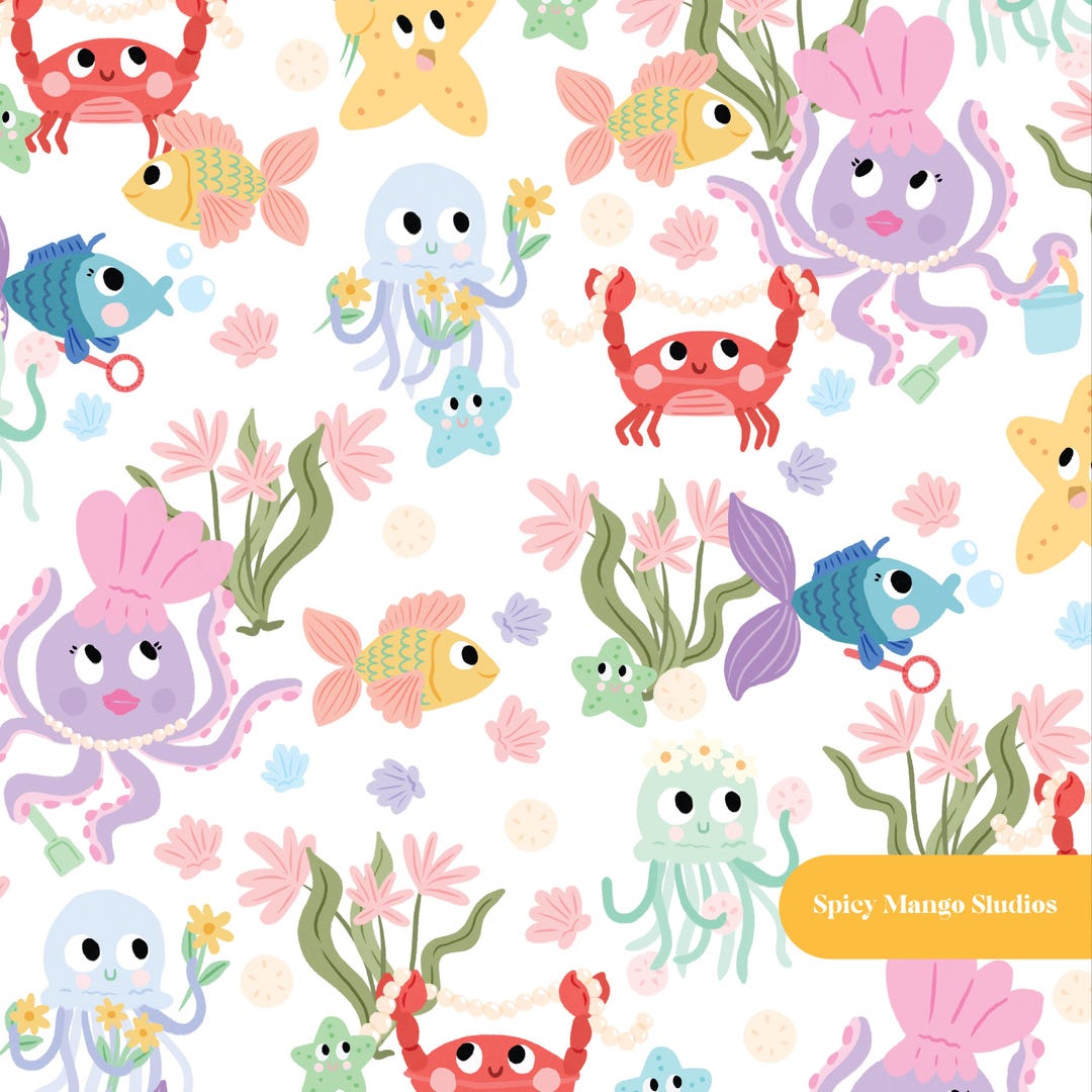 Ocean Friends Seamless Pattern in White - Etsy